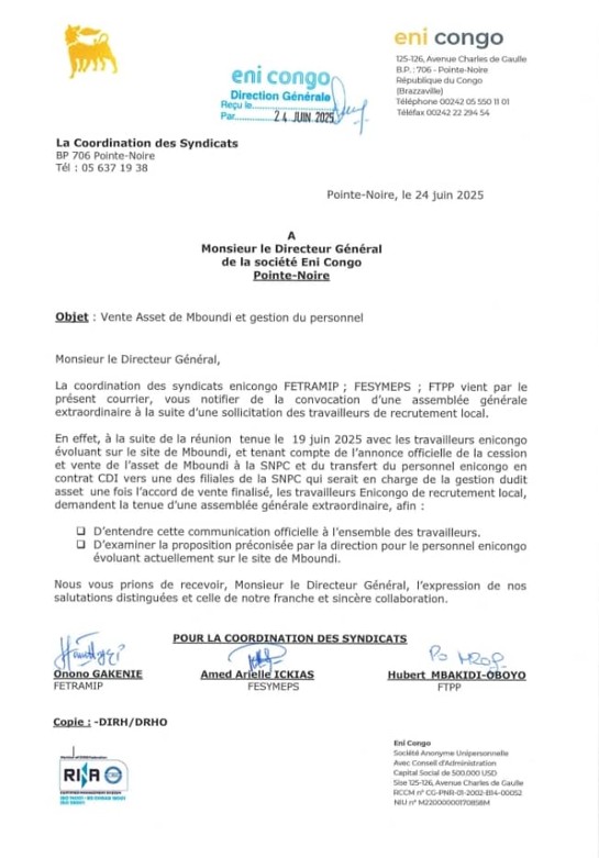ENI-Congo brade le champ pétrolier Mboundi et ses travailleurs à la ...